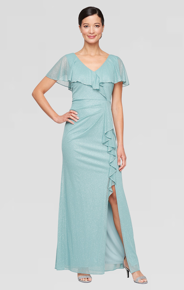Regular - Capelet Glitter Mesh Dress with Cascade Detail Skirt and Bug ...