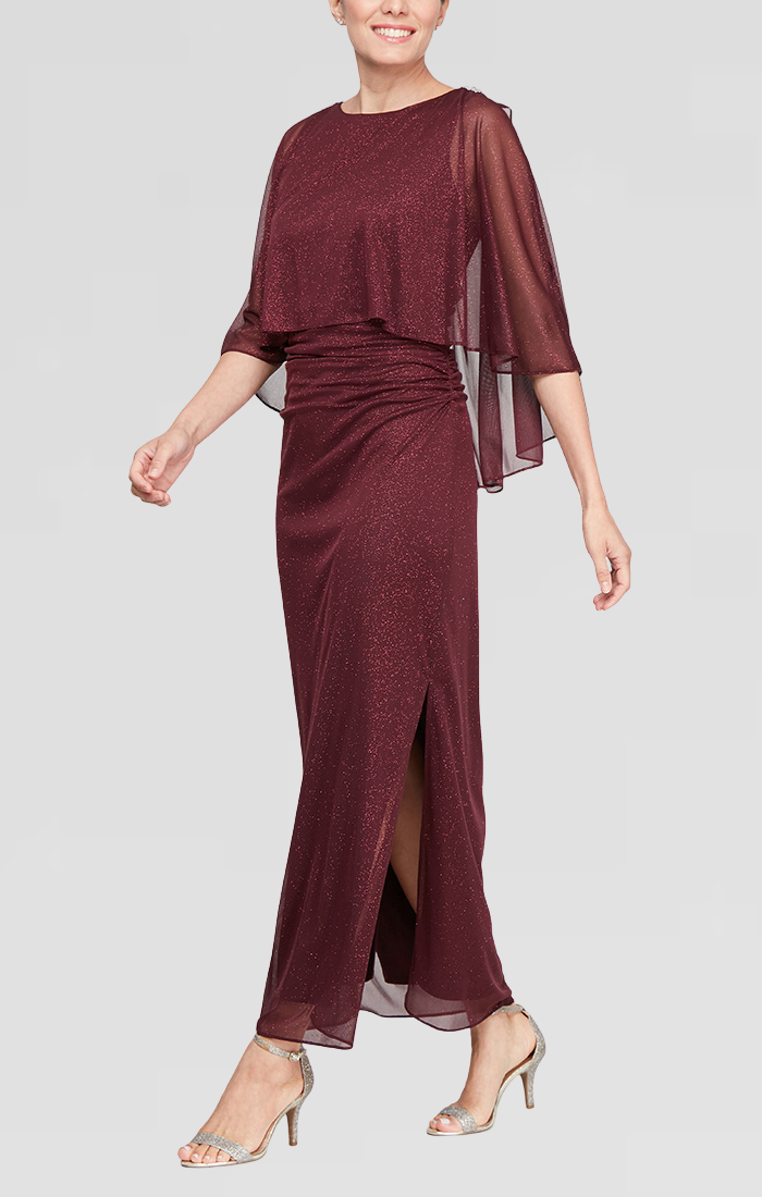 Petite Long Column Dress With Cold Shoulder Popover and Embellishment ...
